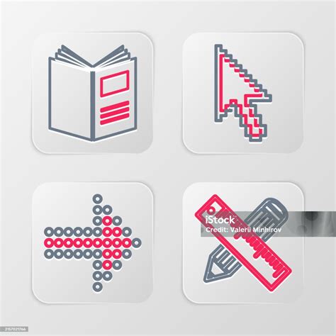 선 설정 십자 눈금자와 연필 점 화살표 픽셀 커서 및 책 열기 아이콘 벡터 0명에 대한 스톡 벡터 아트 및 기타 이미지 0명