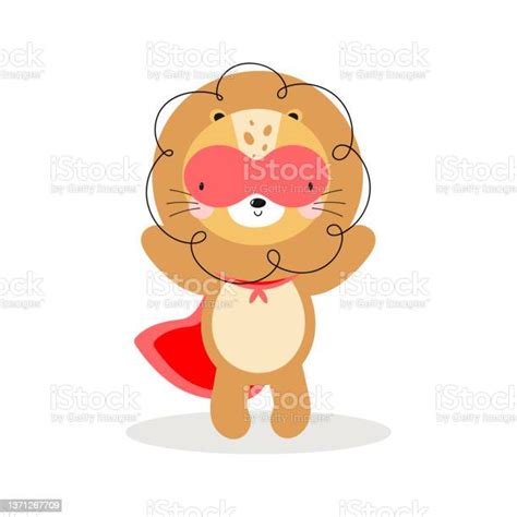 귀여운 사자 슈퍼 히어로 만화 스타일 흰색 배경의 벡터 그림입니다 어린이 물건 카드 포스터 배너 어린이 책 및 옷 티셔츠 인쇄 귀여운에 대한 스톡 벡터 아트 및 기타 이미지