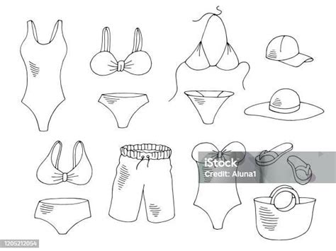 수영복 세트 그래픽 검정 색 흰색 고립 된 스케치 일러스트 벡터 가방에 대한 스톡 벡터 아트 및 기타 이미지 가방 개인 장식품 개체 그룹 Istock