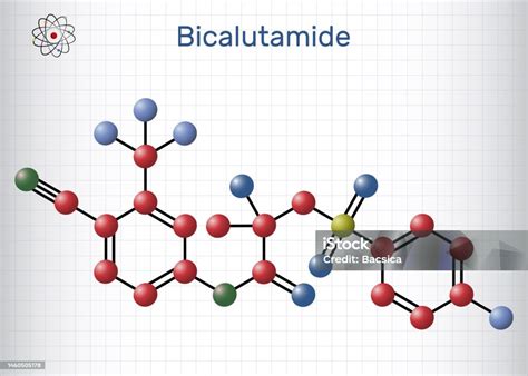 비칼루타마이드 분자 전립선 암에 대한 비 스테로이드 성 항 안드로겐입니다 구조 화학식 분자 모델 새장에 종이 한 장 건강관리와 의술에 대한 스톡 벡터 아트 및 기타 이미지