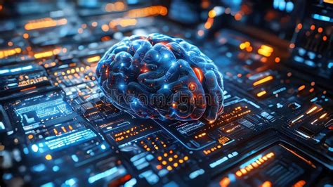 A Glowing Digital 3d Brain Model Displayed Over A Futuristic Circuit