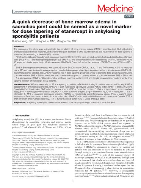 Pdf A Quick Decrease Of Bone Marrow Edema In Sacroiliac Joint Could Be Served As A Novel