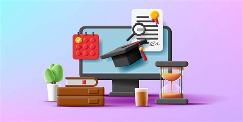 공부의 3d 삽화 책이있는 컴퓨터 및 졸업장이있는 졸업 모자 모래 유리가있는 시간과 달력 교육에 대한 스톡 벡터 아트 및 기타 이미지 Istock