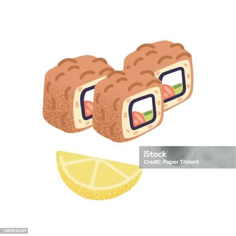 초밥은 쌀 붉은 생선 아보카도 치즈를 노리와 참치 부스러기로 싸서 굴립니다 서양식의 아시아 일본 해산물 레몬을 곁들인 마키 흰색 배경에 격리된 플랫 벡터 일러스트 레이 션