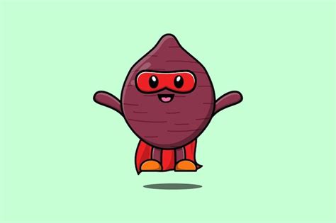 귀여운 고구마 슈퍼 히어로 캐릭터 비행 그림 만화 벡터 3d 현대적인 스타일 디자인 프리미엄 벡터