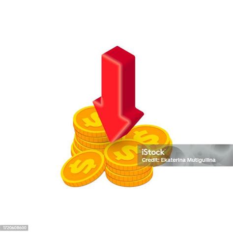 벡터 아이소메트릭 금화가 쌓이고 화살표 그래프가 감소합니다 3d 현금 은행 카지노 사업 실패 경기 침체 금융 위기 웹 앱의 흰색 배경에 떨어지는 돈 개념 3차원 형태에 대한