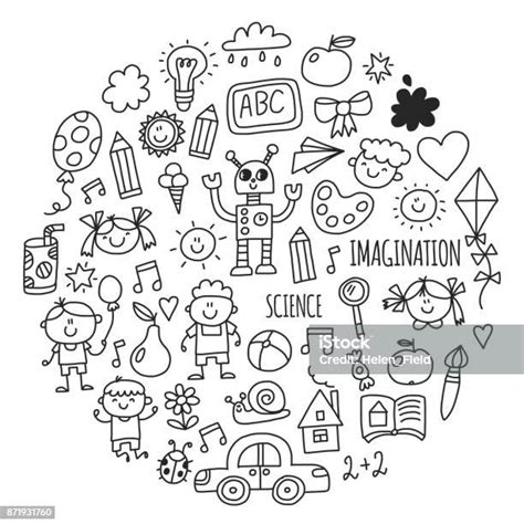 학교 유치원입니다 행복 한 아이 들 창의력 상상력 낙서 아이콘 아이 들과 함께입니다 재생 하 고 연구 하 고 행복 한 학생 과학 성장 하 고 모험 탐험 연구 2 3 살에