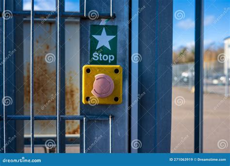Weathered Emergency Stop Button On A Metal Gate Editorial Stock Image Image Of Enter