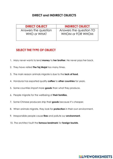 identifying direct and indirect objects exercises