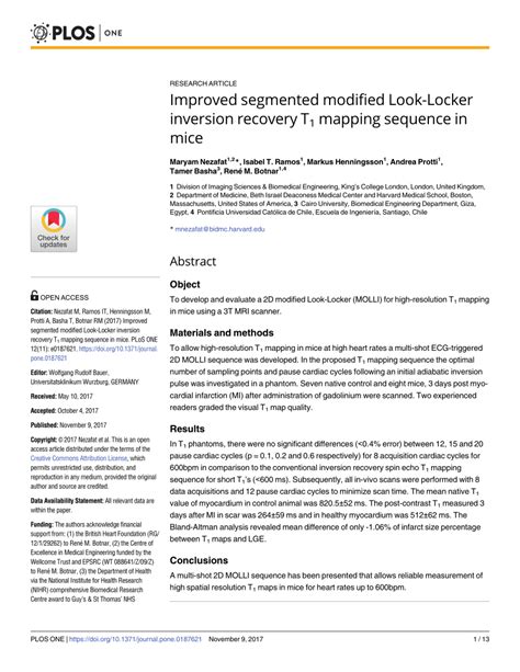 Pdf Improved Segmented Modified Look Locker Inversion Recovery T1 Mapping Sequence In Mice