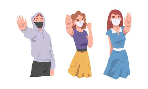 얼굴 마스크의 남자와 여자 손 벡터 일러스트 레이 션 세트로 바이러스 징후를 중지 표시 거절에 대한 스톡 벡터 아트 및 기타 이미지 거절 건강관리와 의술 격리