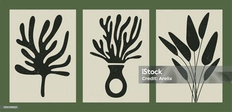 미니멀 한 중반 세기 포스터 세트 플로럴 오가닉 은 현대적인 미학을 형성합니다 벡터 보헤미안 일러스트 리노컷에 대한 스톡 벡터