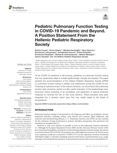 Pdf Pediatric Pulmonary Function Testing In Covid 19 Pandemic And
