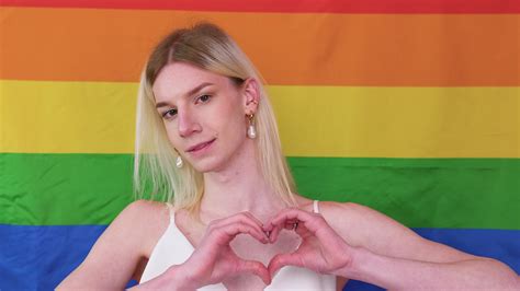 Smiling Gay Man With Pride Flag Gender Fluid Man Against Lgbt Flag