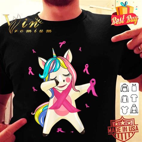 Pink Ribbon Dabbing Unicorn Breast Cancer Awareness T Shirt Hoodie