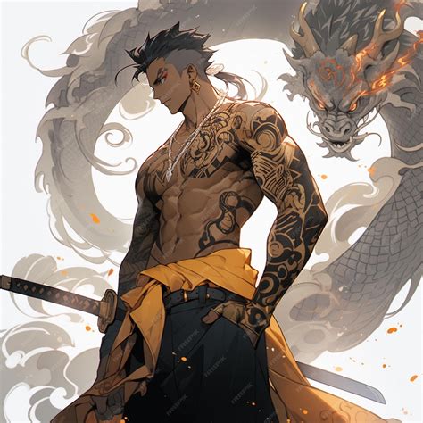 Premium Photo Anime Character With A Sword And Dragon Tattoo On His Arm Generative Ai