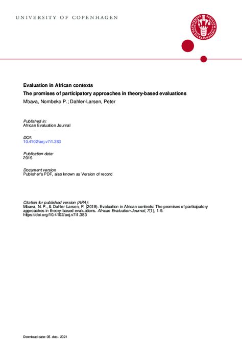 Pdf Evaluation In African Contexts The Promises Of Participatory Approaches In Theory Based
