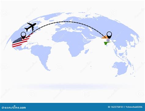 Flight From Usa To India Above World Map Airplane Arrives To India