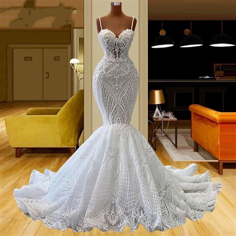 Luxury Lace Mermaid Wedding Dresses Spaghetti Straps Sweetheart Sparkl