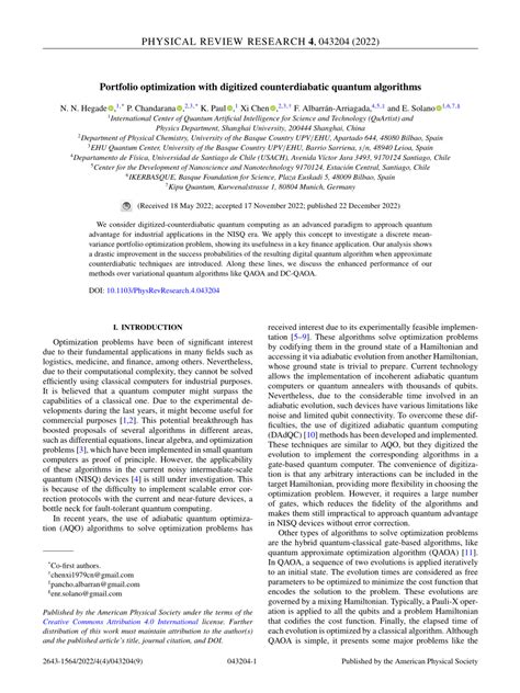 Pdf Portfolio Optimization With Digitized Counterdiabatic Quantum Algorithms