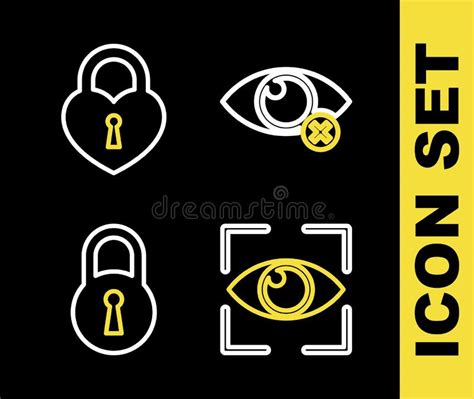 Set Line Invisible Or Hide Eye Scan Lock And Castle In The Shape Of Heart Icon Vector Stock