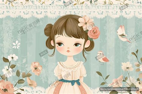 Ai创作图女孩 花裙 花朵 小鸟 卷发 蕾丝 背景 碎花 蝴蝶结 绿植 粉色 蓝色 装饰 童趣 唯美 昵图网