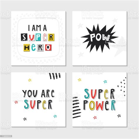 슈퍼 영웅 귀엽고 재미있는 손으로 그린 글자와 아이 카드의 컬렉션입니다 벡터 일러스트레이션 개성 개념에 대한 스톡 벡터 아트 및