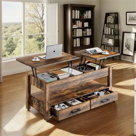 Mesa De Centro Madera Rustica 2 Elevables 2 Cajones Abatible Meses
