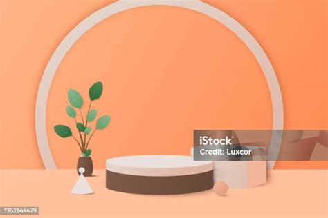 기하학적 형태의 최소 장면입니다 기둥에 종이 잎크림 배경의 실린더 연단 화장품 쇼케이스 숍프론트 디스플레이 케이스를 보여주는 장면 3d 벡터 그림입니다 0명에 대한 스톡
