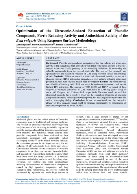 Pdf Optimization Of The Ultrasonic Assisted Extraction Of Phenolic Compounds Ferric Reducing