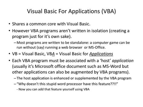 Ppt Introduction To Vba Visual Basic For Applications Programming