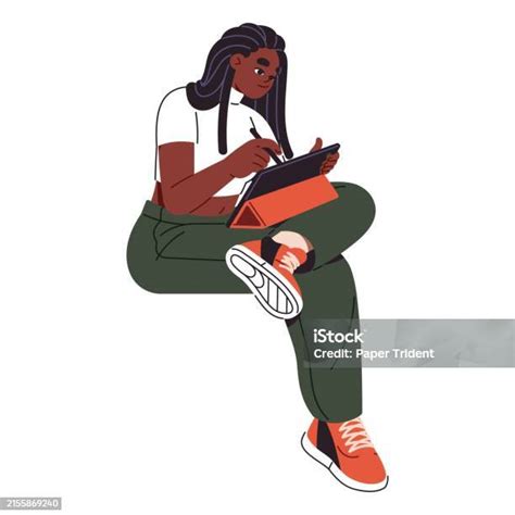 아티스트는 앉아서 디지털 아트를 만듭니다 그래픽 태블릿 스타일러스 연필로 그리는 행복 한 소녀 전자 장치를 사용한 일러스트레이터