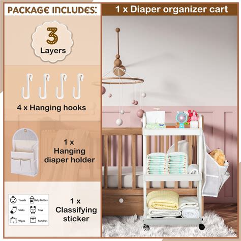 Diaper Caddy 3 Tier Rolling Diaper Cart With Detachable Caddy Mobile