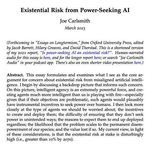 Existential Risk From Power Seeking Ai Shorter Version Joe Carlsmith