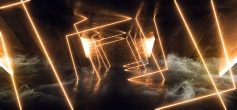 연기 네온 빛 배경 노란 역동적 인 레이저 단계 쇼 지 하 차고 홀 갱도 복도 시멘트 구체적인 그런 지 반사 어두운 빈 추상적 인 우주선 3d 렌더링 0명에 대한 스톡 사진