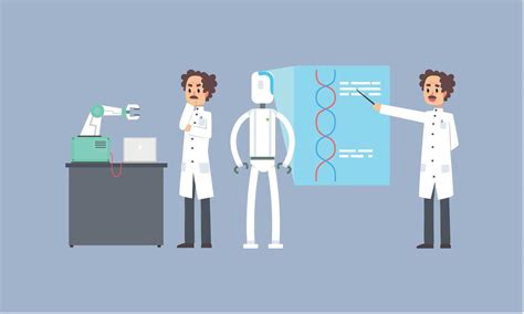 Male Scientist Character Conducting Experiments With Robots In Lab