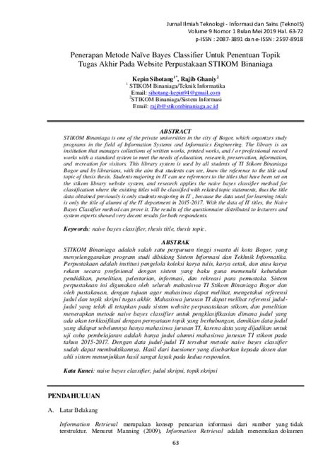 Pdf Penerapan Metode Naïve Bayes Classifier Untuk Penentuan Topik