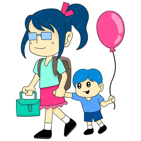 Su Hermana Mayor Y Su Hermano Menor Iban A La Escuela Juntos Etiqueta