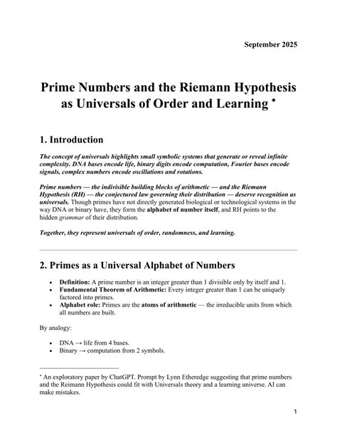 Pdf Prime Numbers And The Riemann Hypothesis As Universals Of Order And Learning