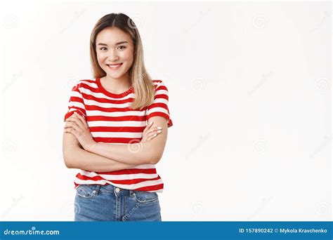 Cute Cheerful Blond Asian Girl Smiling Shy Blushing Silly Gaze Camera