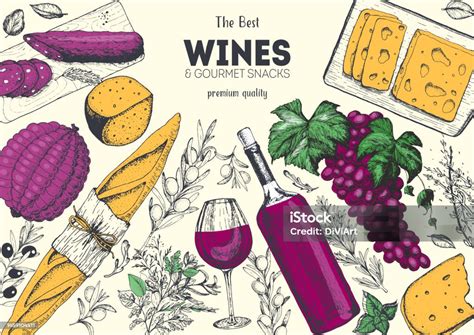 와인과 맛있는 스낵 프레임 벡터 삽화 치즈 소시지 빵 포도 손으로 그린 미식가 음식 세트 컬러 디자인 템플릿 와인에 대한 스톡