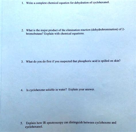 Write Complete Chemical Equation For Dehydration Of Cyclohexanol What Is The Major Product Of