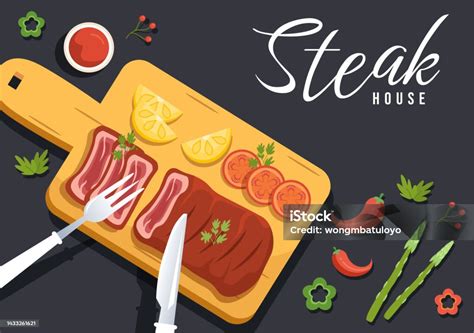 육즙이 많은 맛있는 스테이크 샐러드와 토마토와 함께 구운 고기의 스테이크 하우스 플랫 만화 손으로 그린 템플릿 일러스트 레이 션에서 바베큐를위한 Steakhouse에 대한