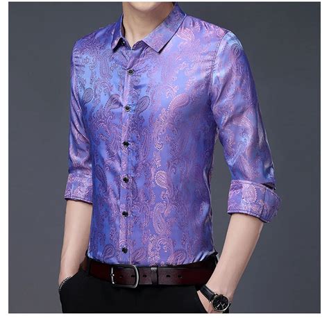 보라색 긴 소매 남자 옷 실크 우아한 바로크 블라우스 꽃 새틴 셔츠 릴락 남성 패션 의류 트렌드 클라렛 세련된캐쥬얼 셔츠