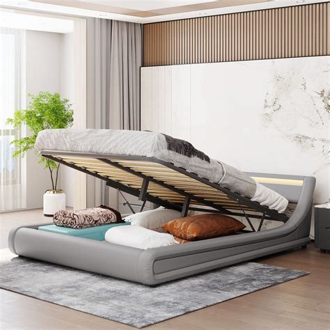 Queen Size Platform Bed With A Hydraulic Storage System Upholstered