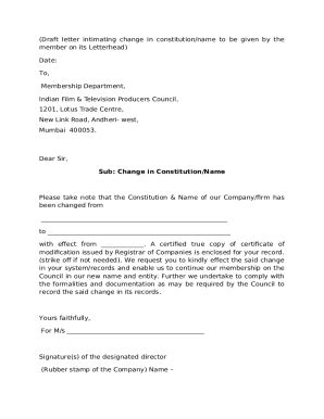 Draft Letter Intimating Change In Constitution Name To Be Doc Template PdfFiller