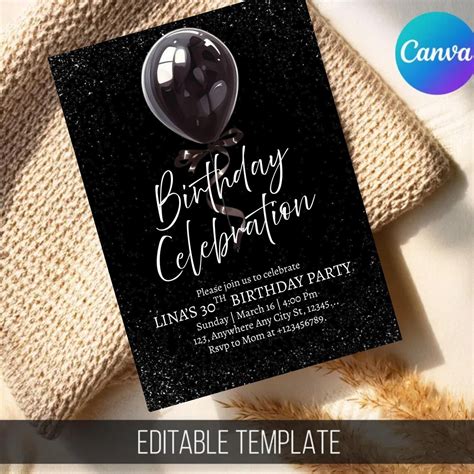 Elegant Black Birthday Invitation Video Editable Template Digital Etsy