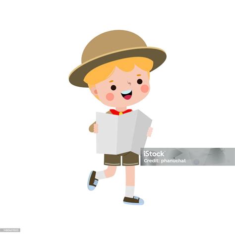 지도 보이 스카우트 또는 걸 스카우트 명예 유니폼 아이 여름 캠프 행복 한 어린이 만화 평면 문자 고립 된 벡터 일러스트 레이 션을 흰색 배경에 귀여운 아이 관광객에 대한