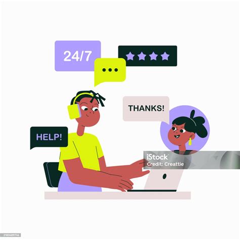 고객 서비스 에이전트는 커뮤니케이션 고객 지원 및 24 On 7 도움말을 상징하는 평면 벡터 일러스트 레이 션에서 온라인 지원을 제공하며 흰색 배경에 고립되어 있습니다 It