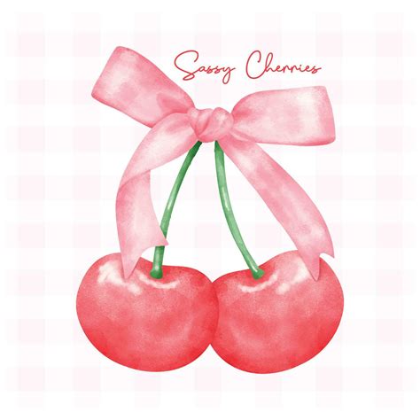 Red Coquette Cherries With Pink Ribbon Bow Aesthetic Watercolor Hand